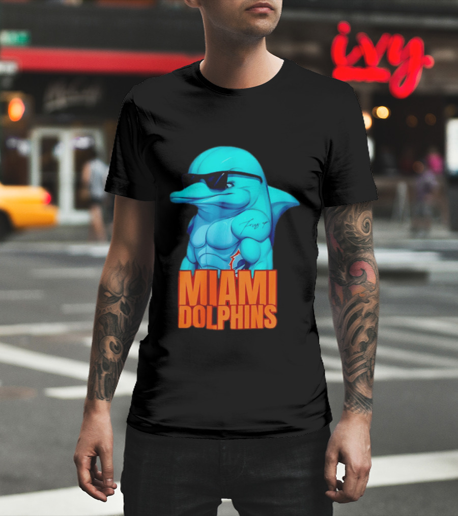 Miami Dolphins Fins Up Muscular Cartoon Sunglasses Tattoo T-Shirt