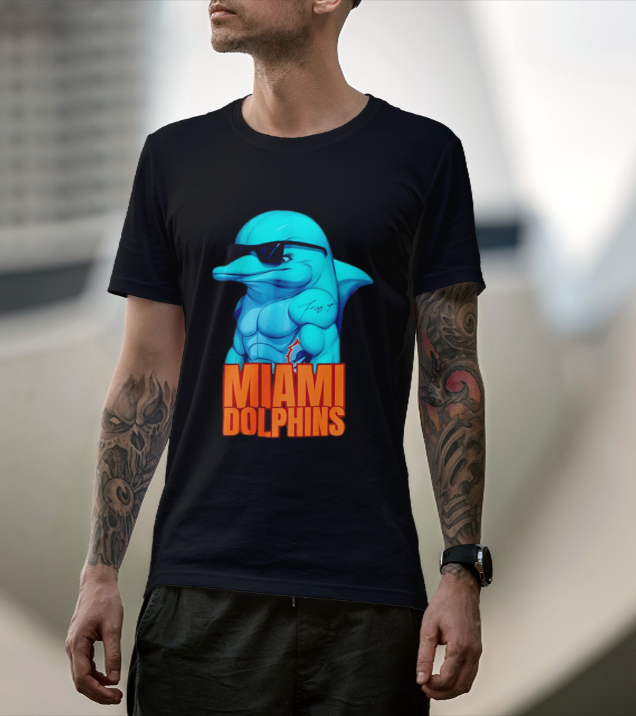 Miami Dolphins Fins Up Muscular Cartoon Sunglasses Tattoo T-Shirt