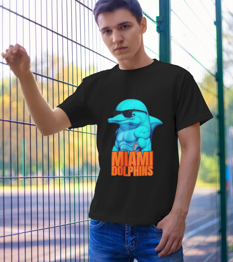 Miami Dolphins Fins Up Muscular Cartoon Sunglasses Tattoo T-Shirt