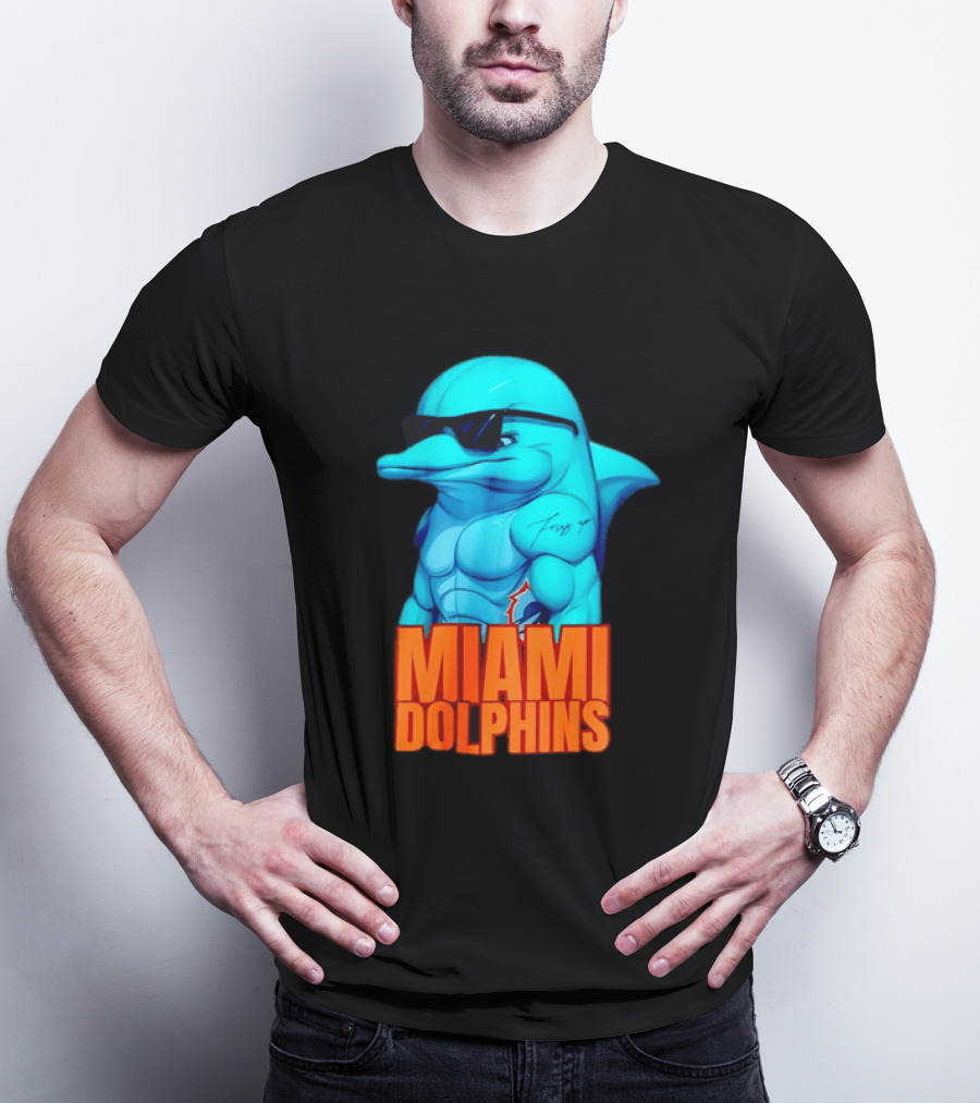 Miami Dolphins Fins Up Muscular Cartoon Sunglasses Tattoo T-Shirt