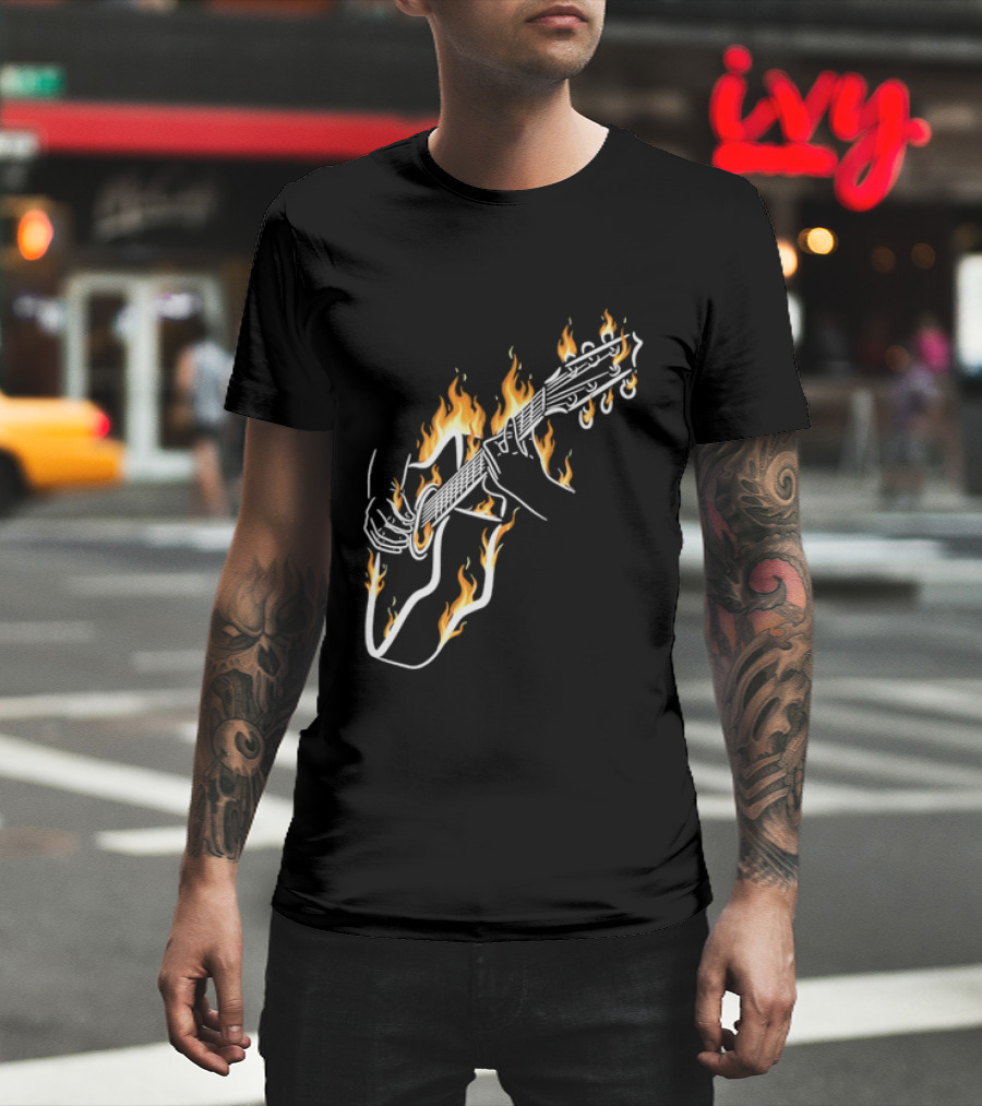 Musician Hands Flaming Acoustic Guitar White Line Artistry T-Shirt