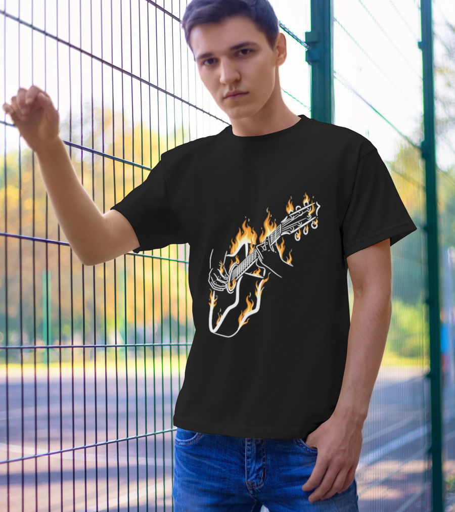 Musician Hands Flaming Acoustic Guitar White Line Artistry T-Shirt