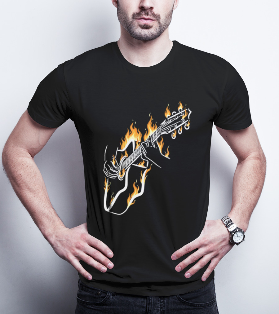 Musician Hands Flaming Acoustic Guitar White Line Artistry T-Shirt