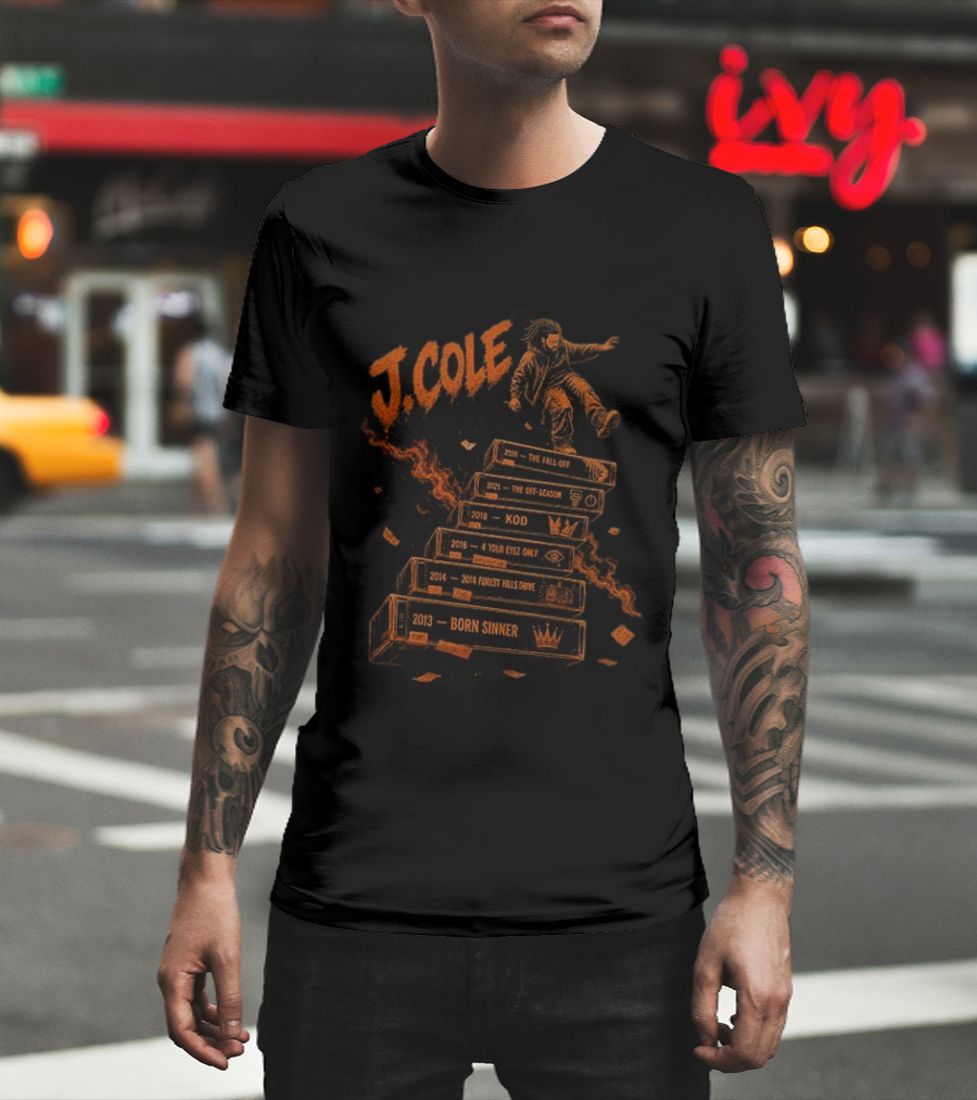 J Cole The Fall Off Tour 2013 Born Sinner 2014 Forest Hills Drive 2016 4 Your Eyez Only KOD 2021 The Off Season Hip Hop Rap Music T-Shirt