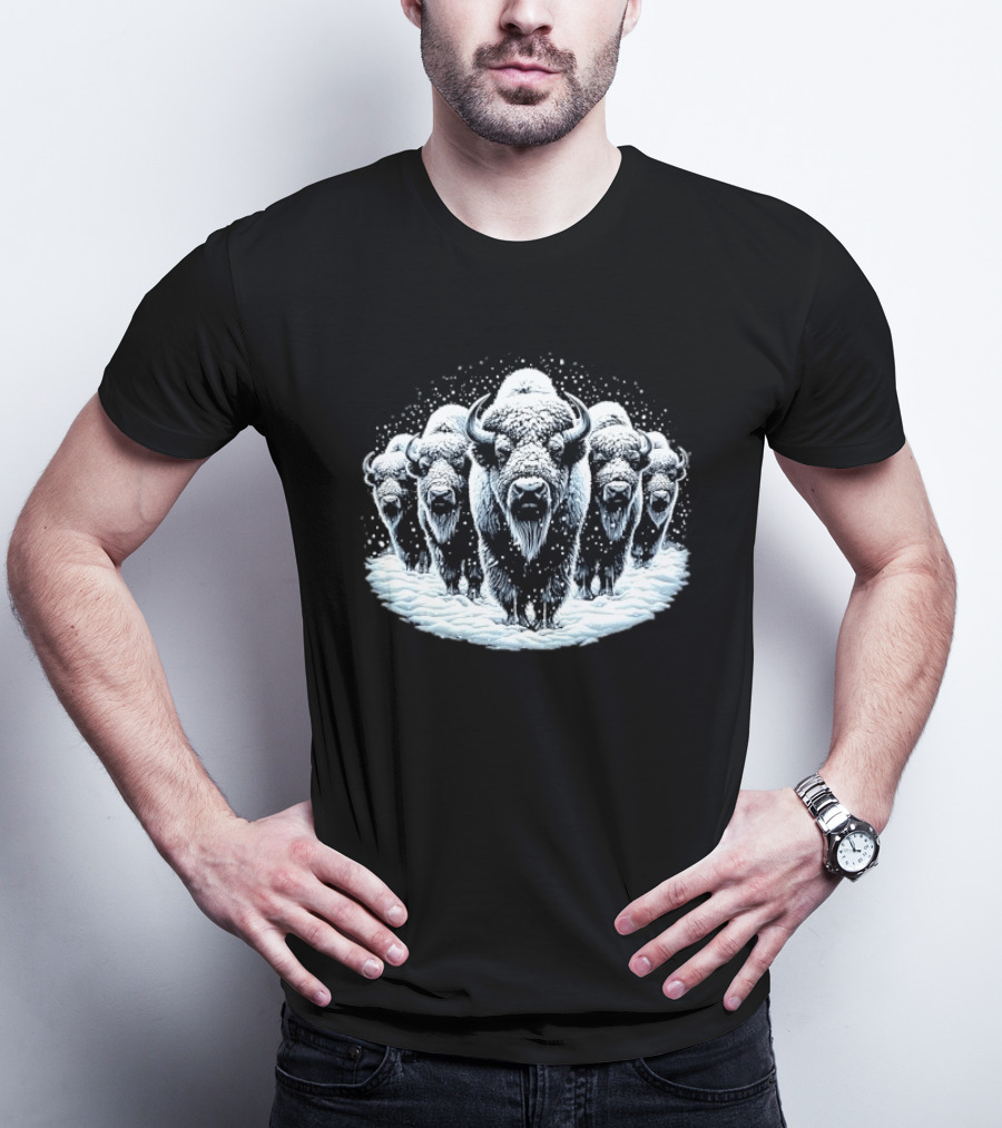 Five Snowbound American Bison Herd Winter Blizzard Snowdrift T-Shirt