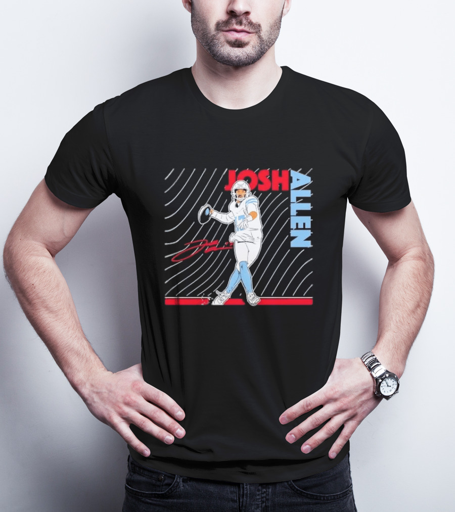 Josh Allen Quarterback Throwing Football Wavy Line Illustration With Bold Name T-Shirt