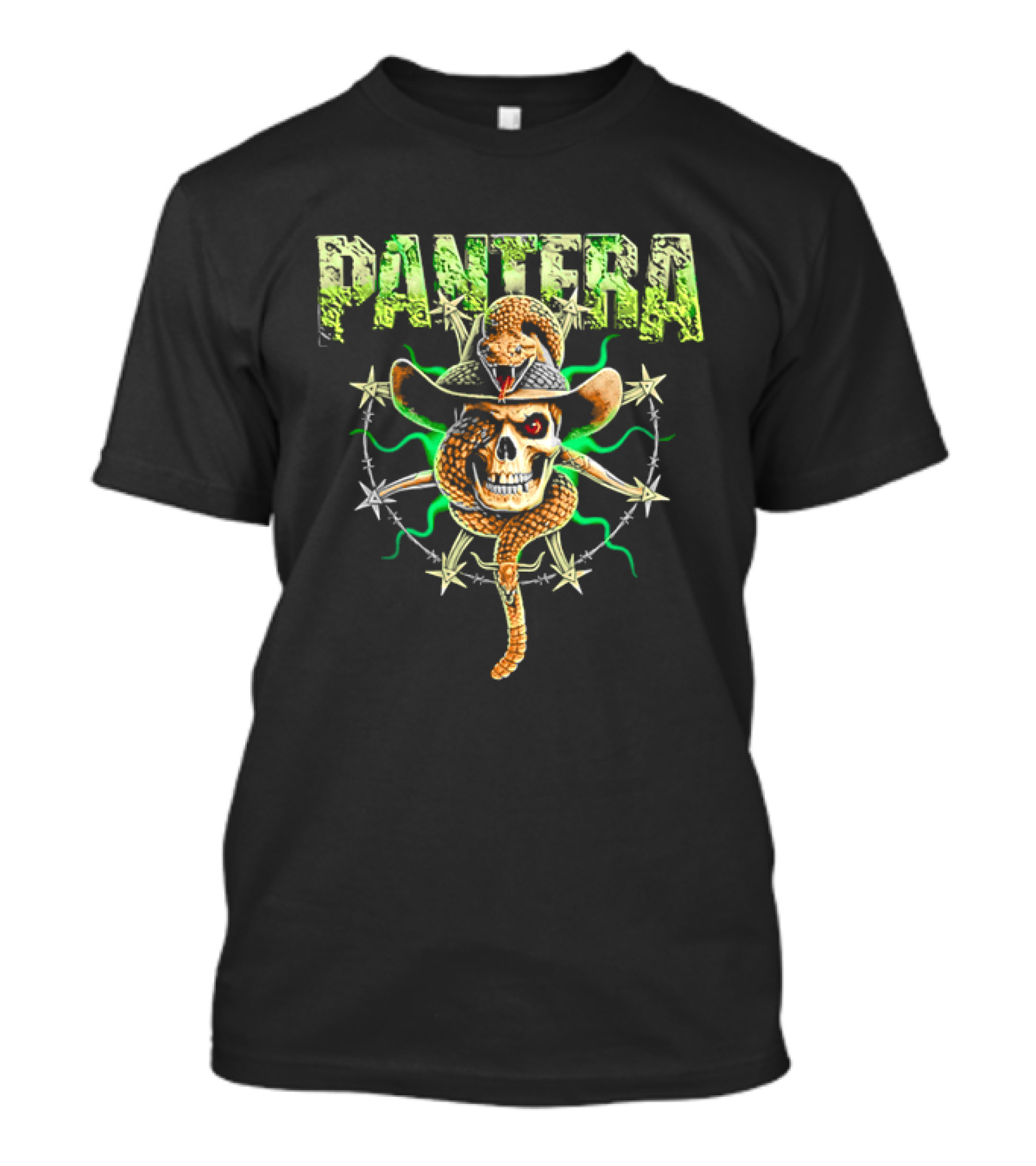 Pantera Rattlesnake Coiled Skull Cowboy Hat Green Glow T-Shirt