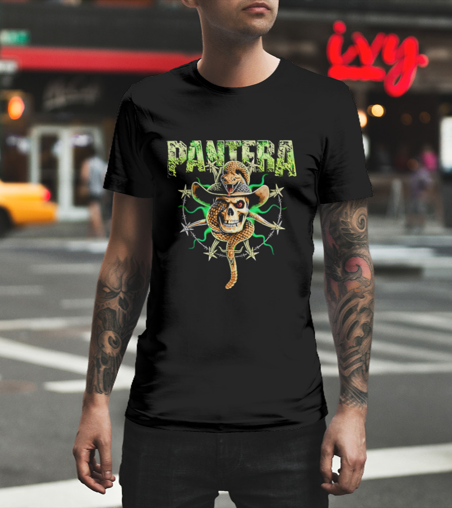 Pantera Rattlesnake Coiled Skull Cowboy Hat Green Glow T-Shirt
