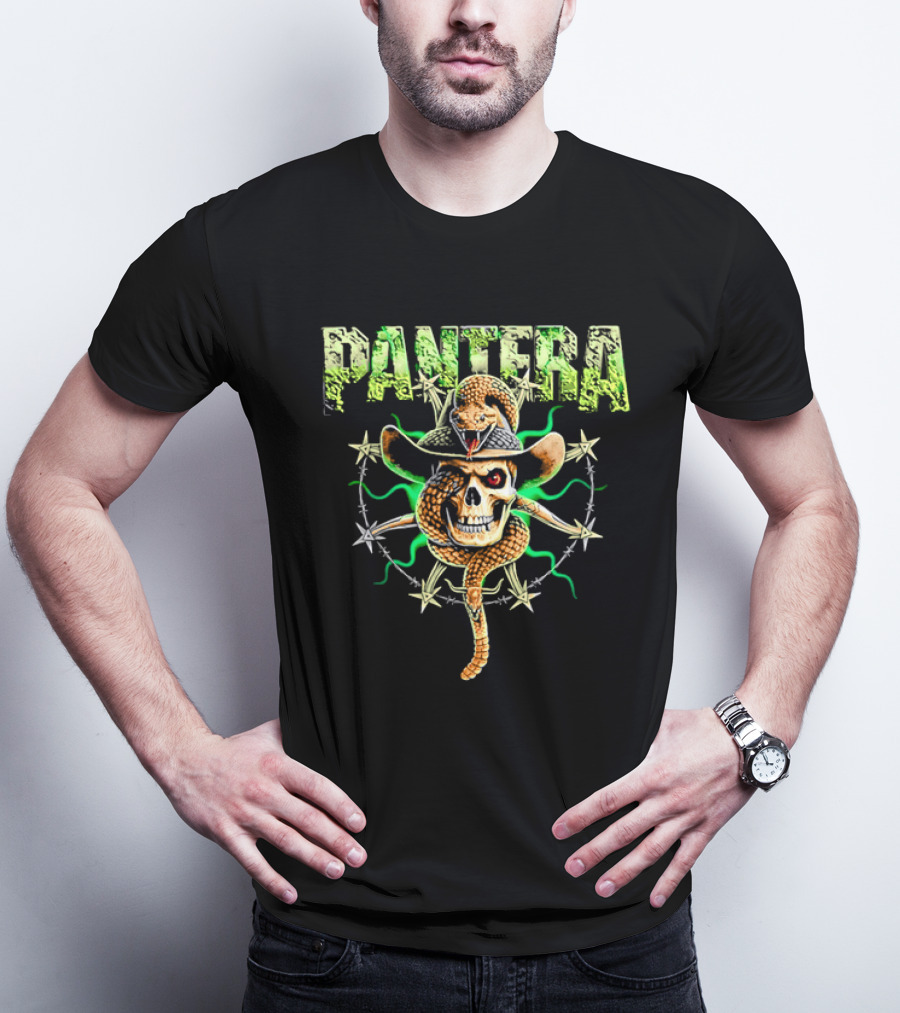 Pantera Rattlesnake Coiled Skull Cowboy Hat Green Glow T-Shirt