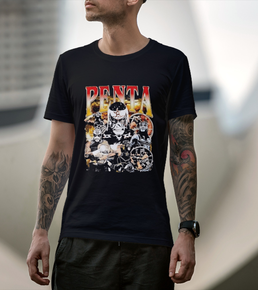 Penta Masked Luchador Wrestler Belt Photo Collage Bootleg T-Shirt