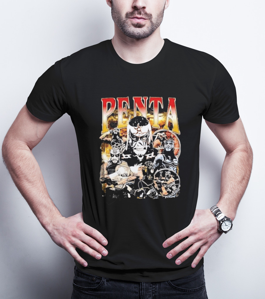 Penta Masked Luchador Wrestler Belt Photo Collage Bootleg T-Shirt