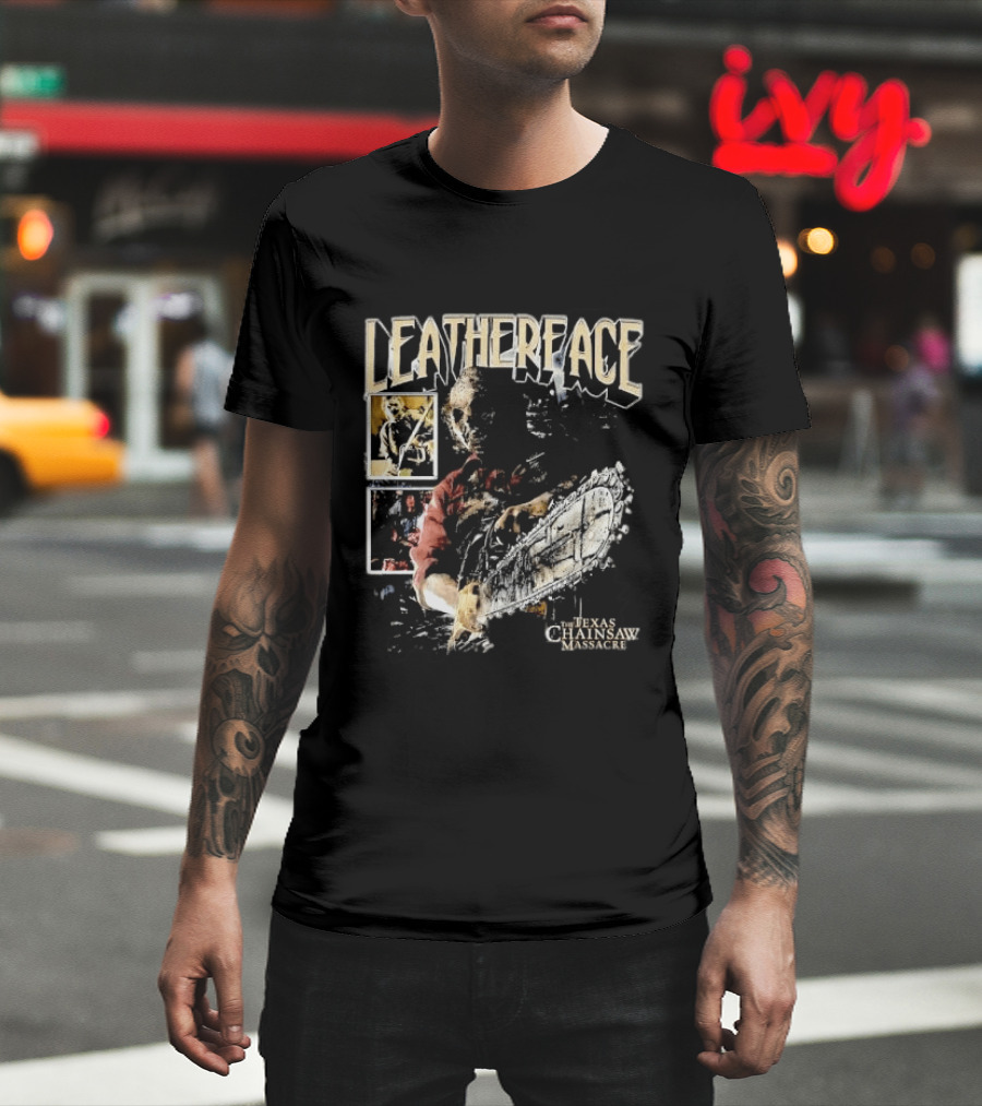Leatherface Texas Chainsaw Massacre Horror Collage Holding Saw T-Shirt