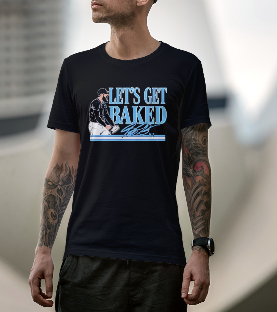 LET'S GET BAKED Bryan Baker Bearded Baseball Pitcher Celebrating Line T-Shirt