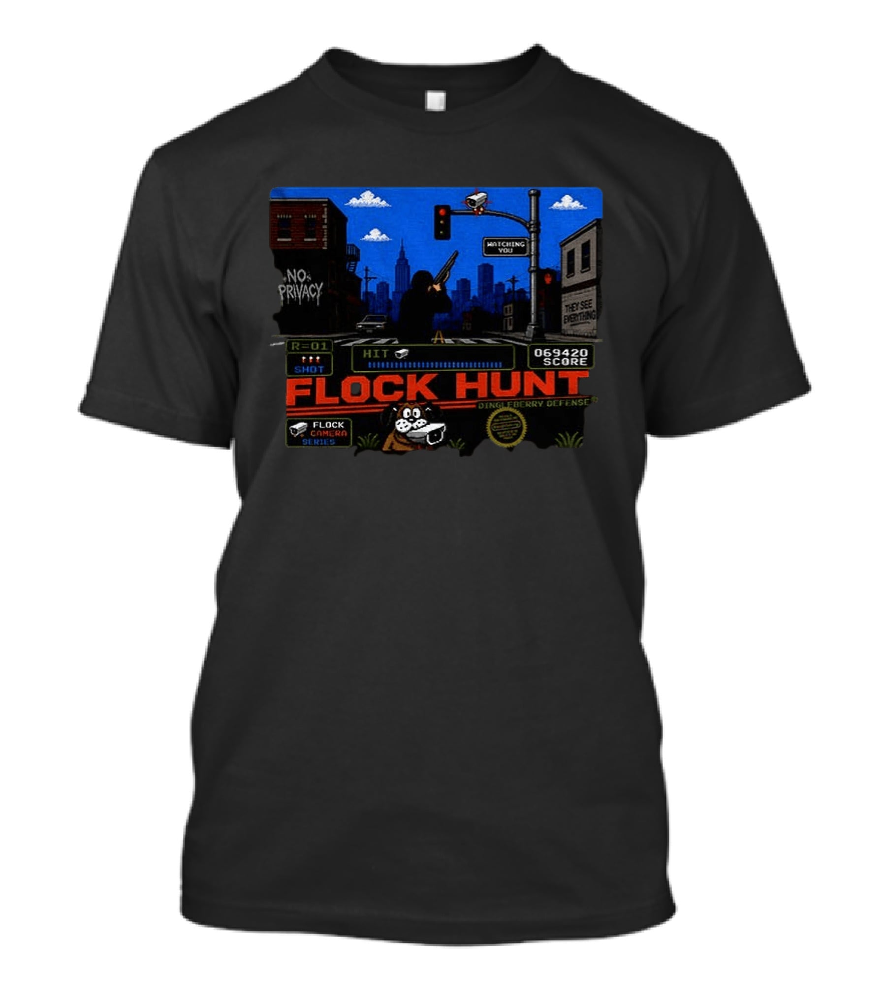 Flock Hunt Surveillance Camera Shooter Dog Video Game No Privacy Dingleberry Defense T-Shirt