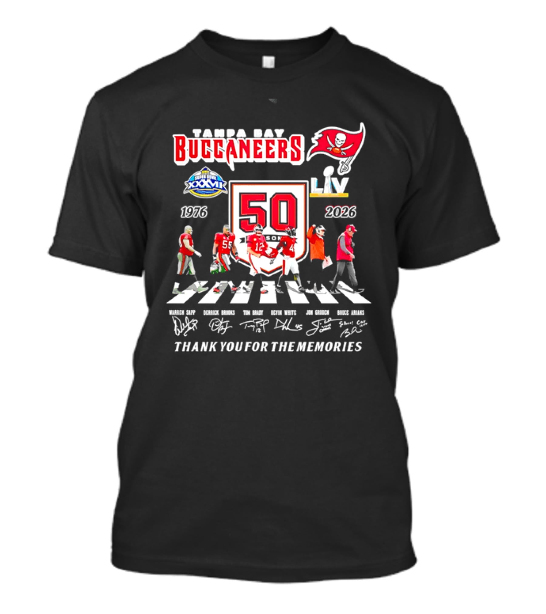 Tampa Bay Buccaneers 50th Anniversary Thank You For The Memories Warren Sapp Derrick Brooks Abbey Road Crosswalk 1976 2026 T-Shirt