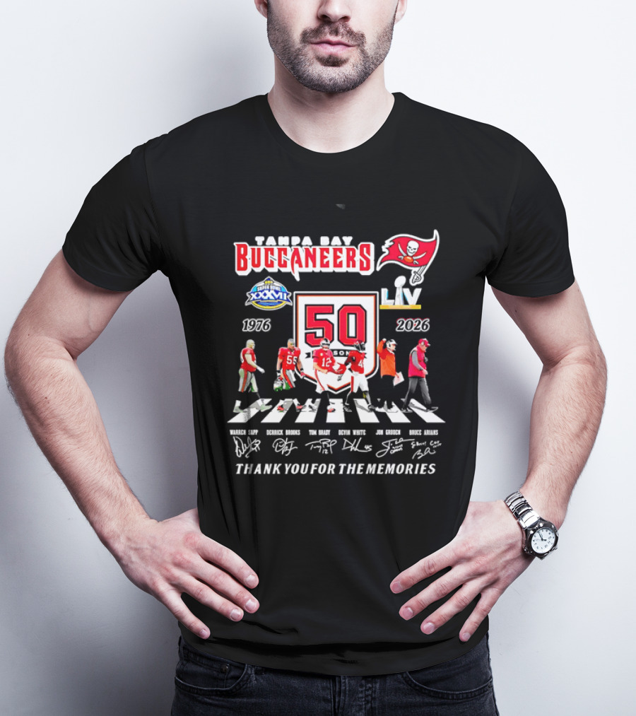 Tampa Bay Buccaneers 50th Anniversary Thank You For The Memories Warren Sapp Derrick Brooks Abbey Road Crosswalk 1976 2026 T-Shirt