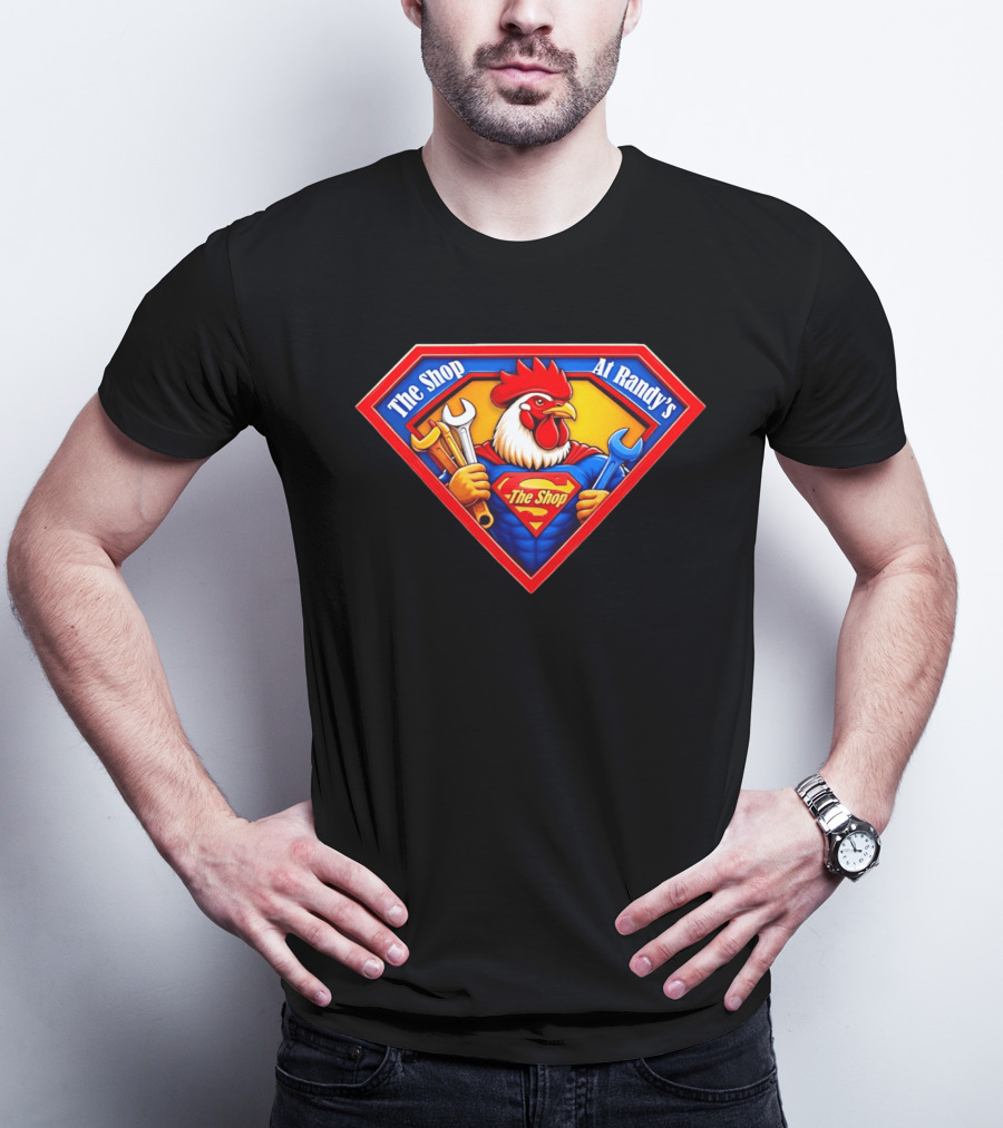 The Shop At Randy's Cartoon Rooster Superhero Wrenches Crest T-Shirt