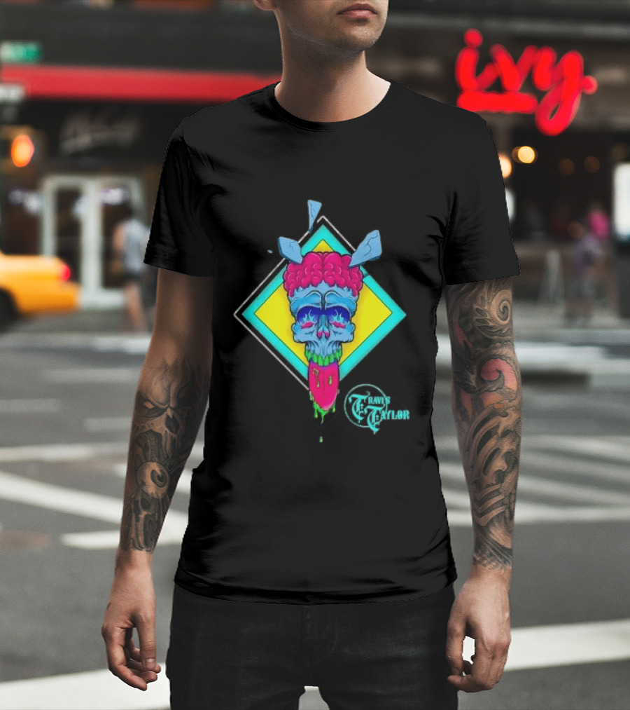 Travis Taylor Neon Skull Pink Brain Green Slime Tongue Diamond Geometric T-Shirt