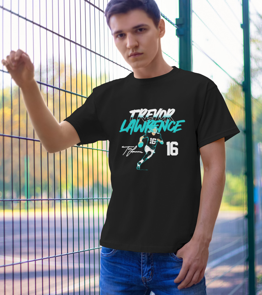Trevor Lawrence No 16 Jaguars Signature Style Football 2026 T-Shirt