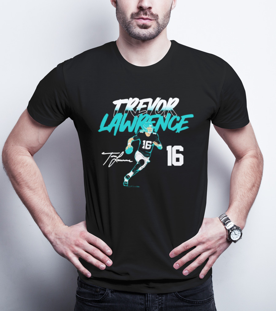 Trevor Lawrence No 16 Jaguars Signature Style Football 2026 T-Shirt