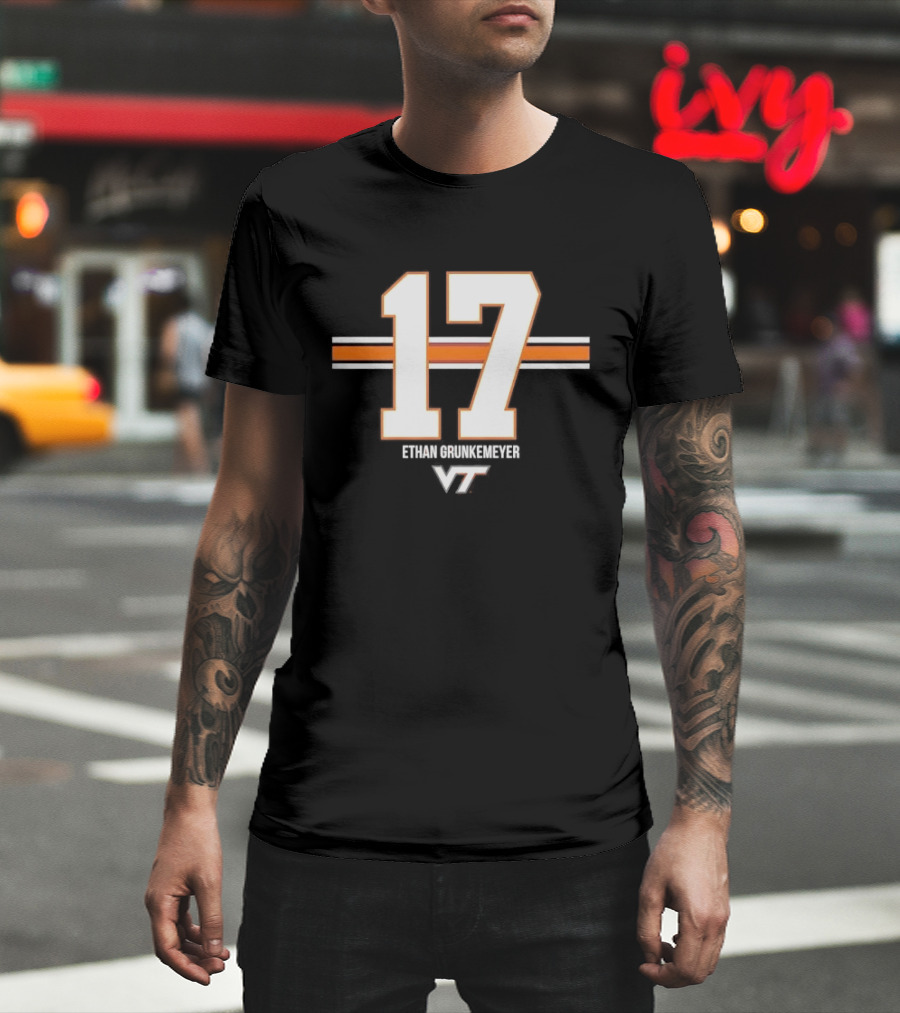 Virginia Tech Hokies Ethan Grunkemeyer 17 Horizontal Stripes T-Shirt