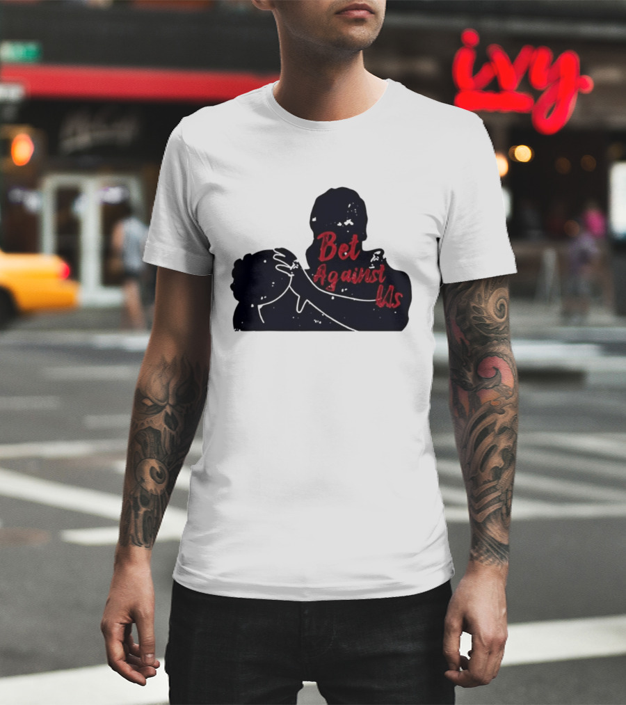 Bet Against Us Red Script Embracing Figures White Line T-Shirt