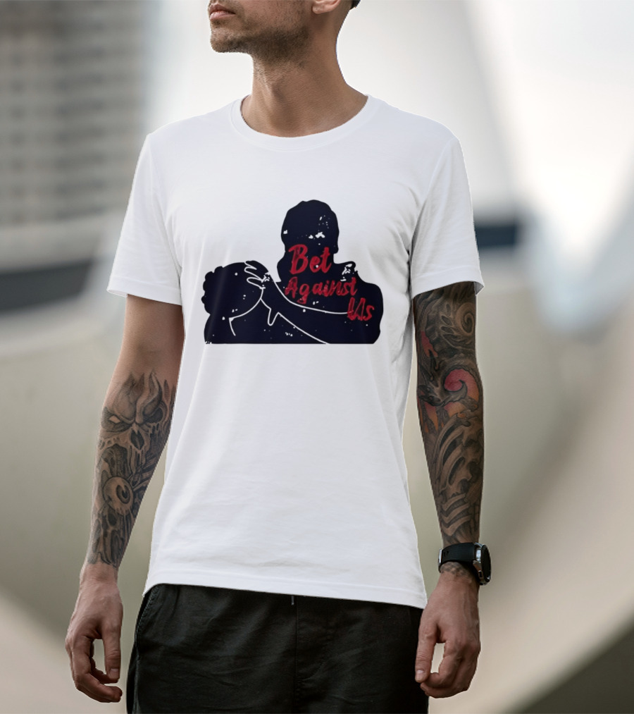 Bet Against Us Red Script Embracing Figures White Line T-Shirt
