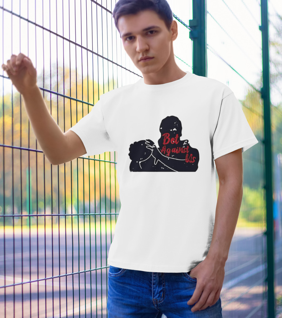 Bet Against Us Red Script Embracing Figures White Line T-Shirt
