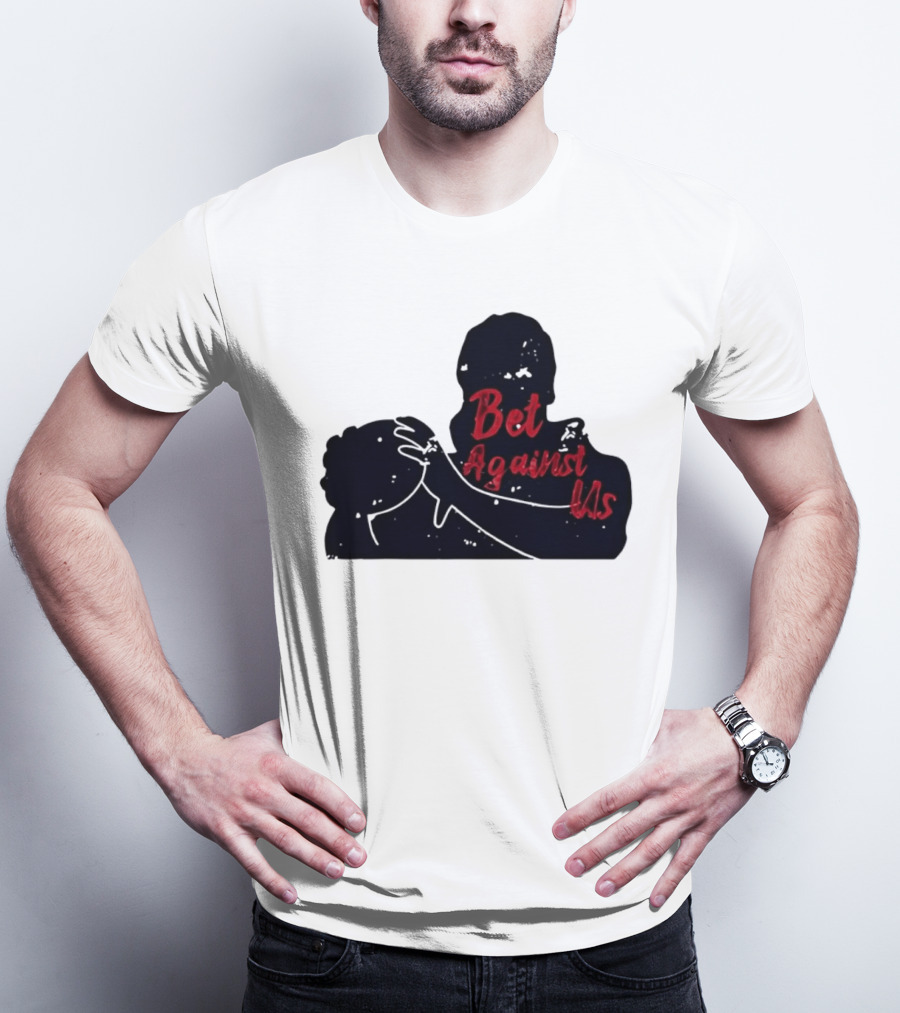 Bet Against Us Red Script Embracing Figures White Line T-Shirt