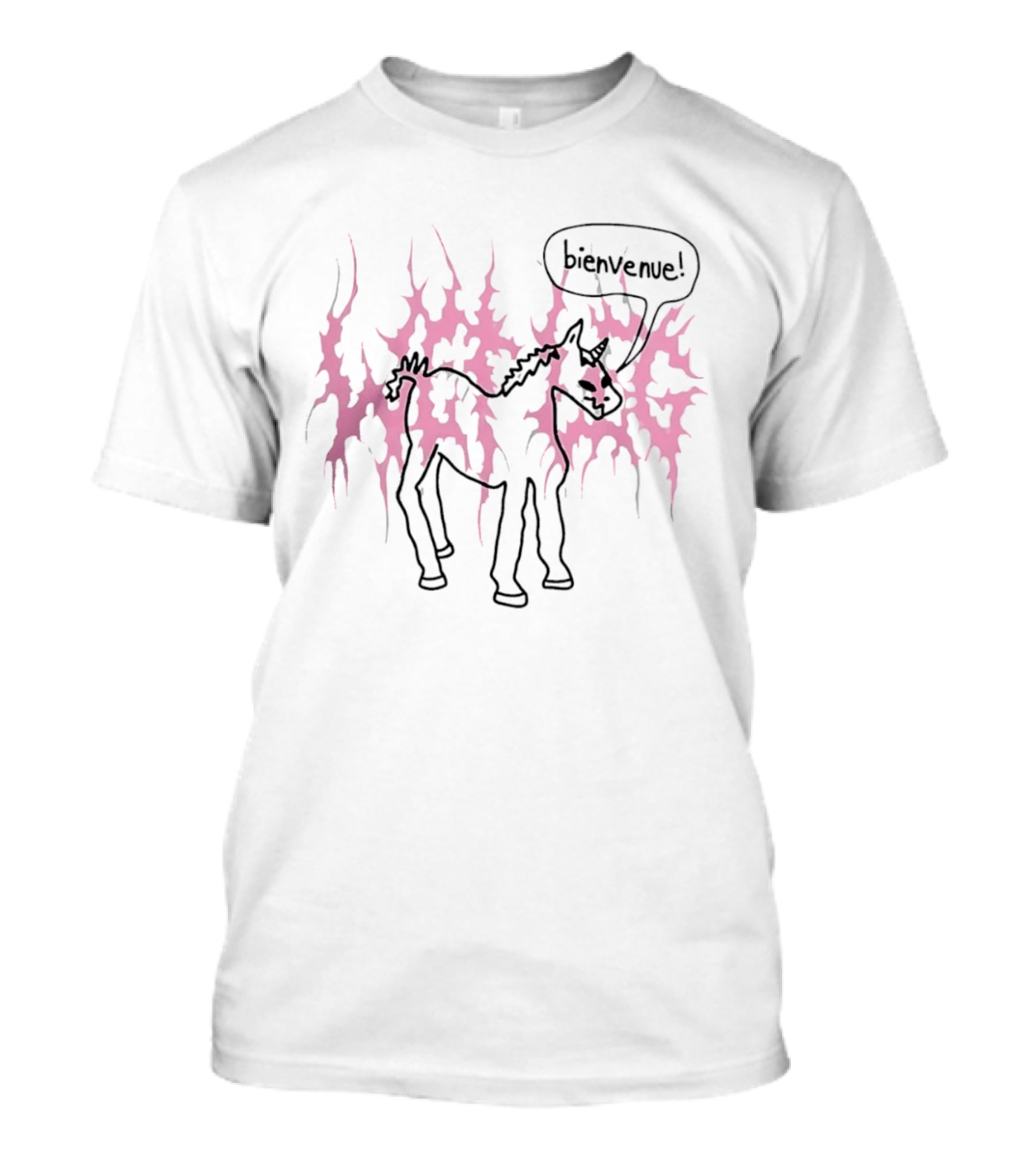 Bienvenue Cartoon Horned Unicorn Pink Flames T-Shirt