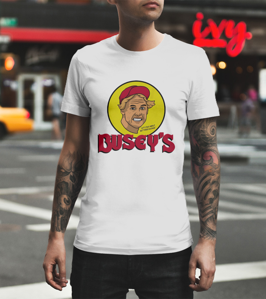Busey's Let's Talk About Buttered Sausage Gary Busey Red Cap T-Shirt