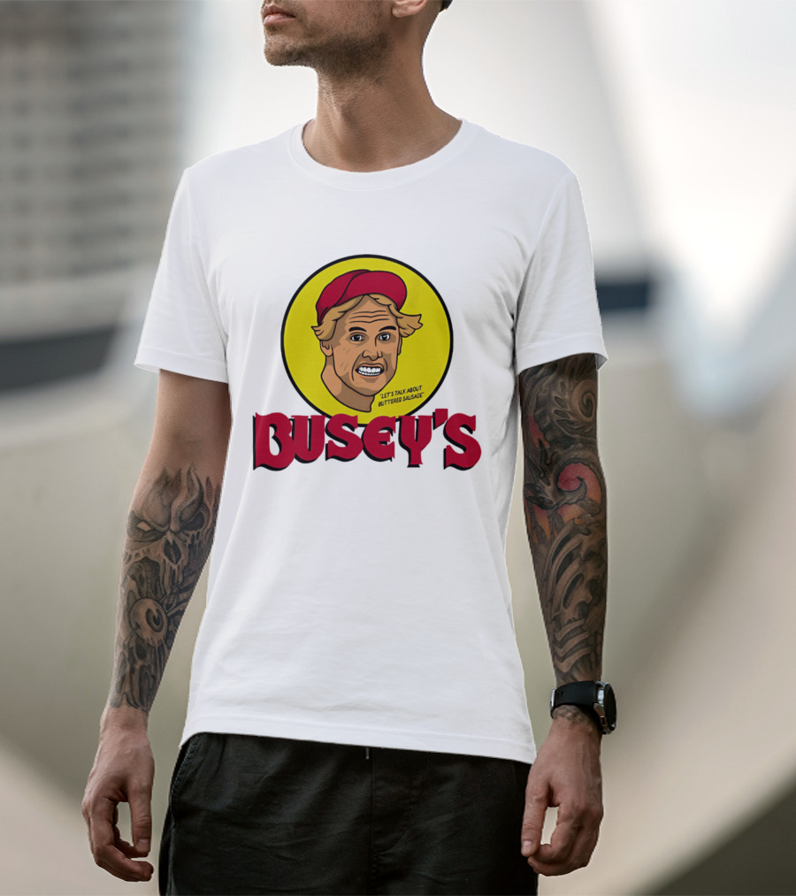 Busey's Let's Talk About Buttered Sausage Gary Busey Red Cap T-Shirt