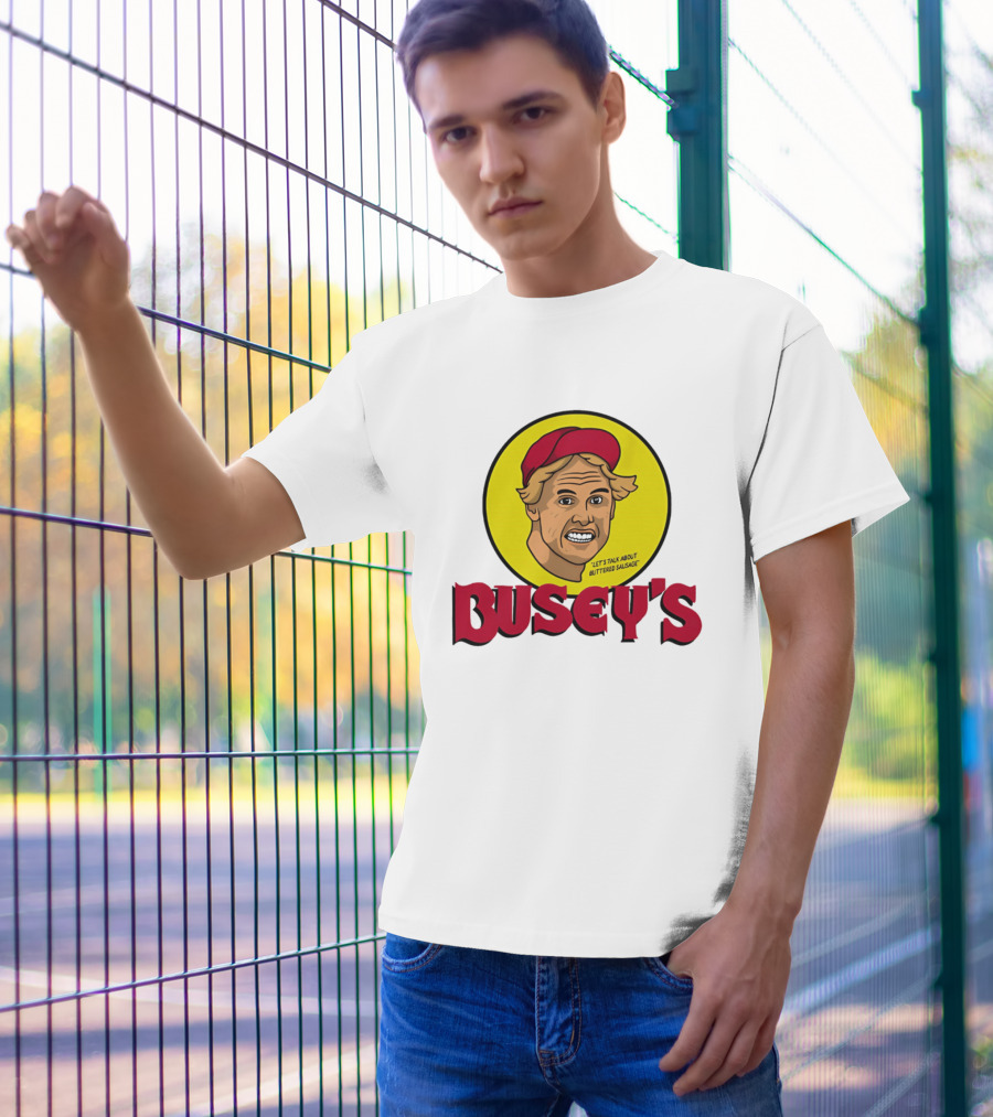 Busey's Let's Talk About Buttered Sausage Gary Busey Red Cap T-Shirt