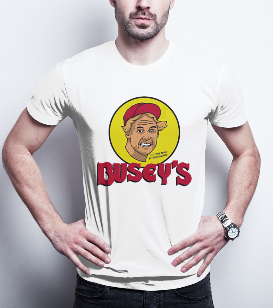 Busey's Let's Talk About Buttered Sausage Gary Busey Red Cap T-Shirt