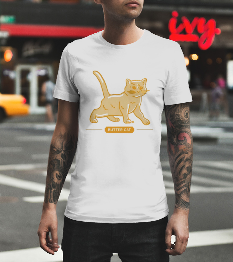 Butter Cat Yellow Orange Cartoon Walking Feline Line T-Shirt