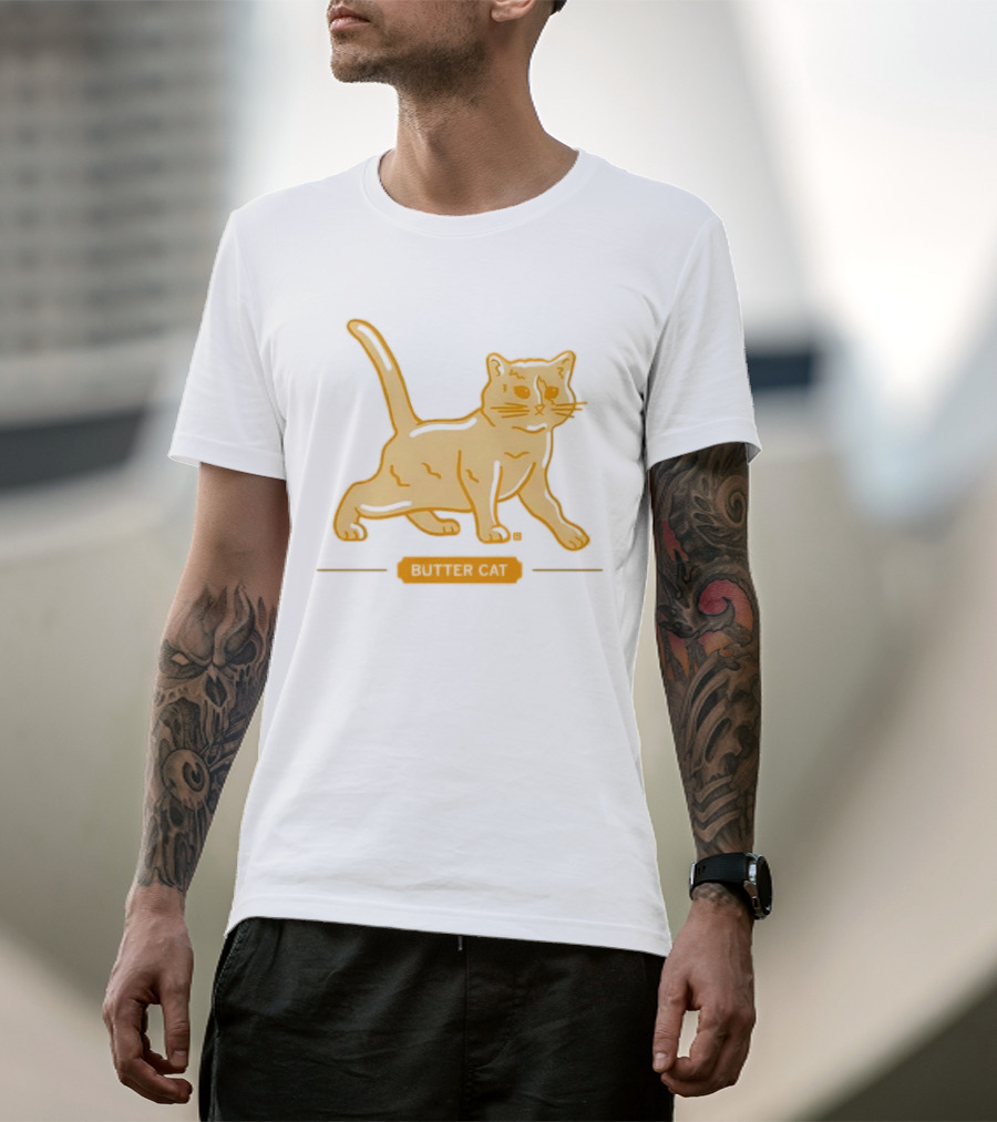 Butter Cat Yellow Orange Cartoon Walking Feline Line T-Shirt