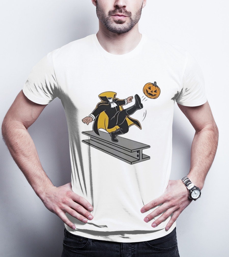 Cartoon Headless Horseman Kicking Jack O Lantern Pumpkin Steel Beam T-Shirt