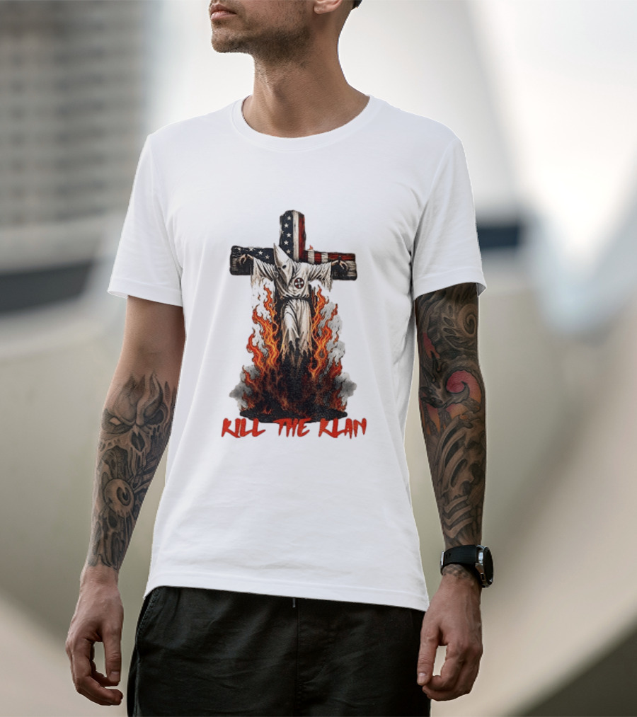 Ku Klux Klan Burning American Flag Cross Kill The Klan T-Shirt
