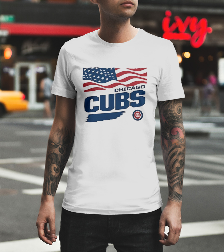 Chicago Cubs American Flag Waving Paint Brush Stroke MLB Cubs T-Shirt