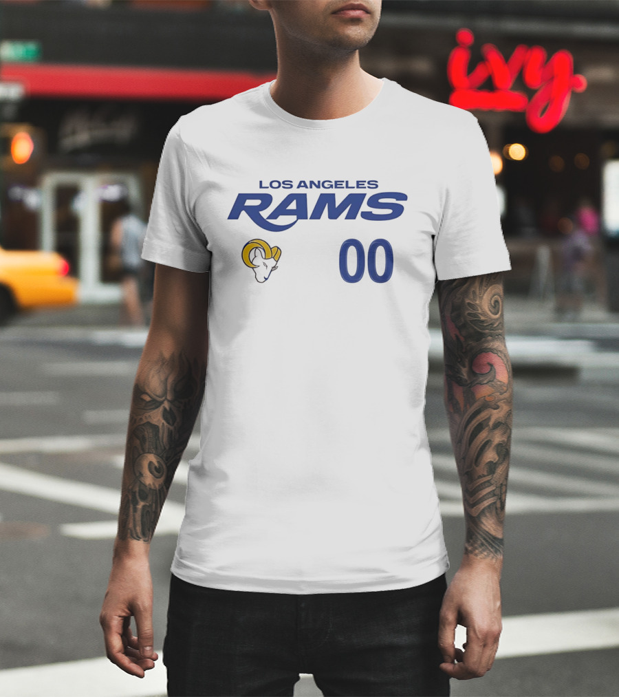 Los Angeles Rams Horned Head 00 Jersey Number Wordmark T-Shirt