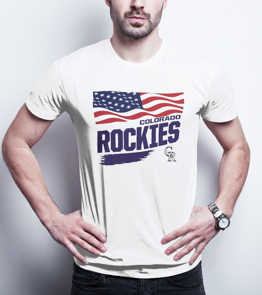 Colorado Rockies MLB American Flag Brush Stroke Waving T-Shirt