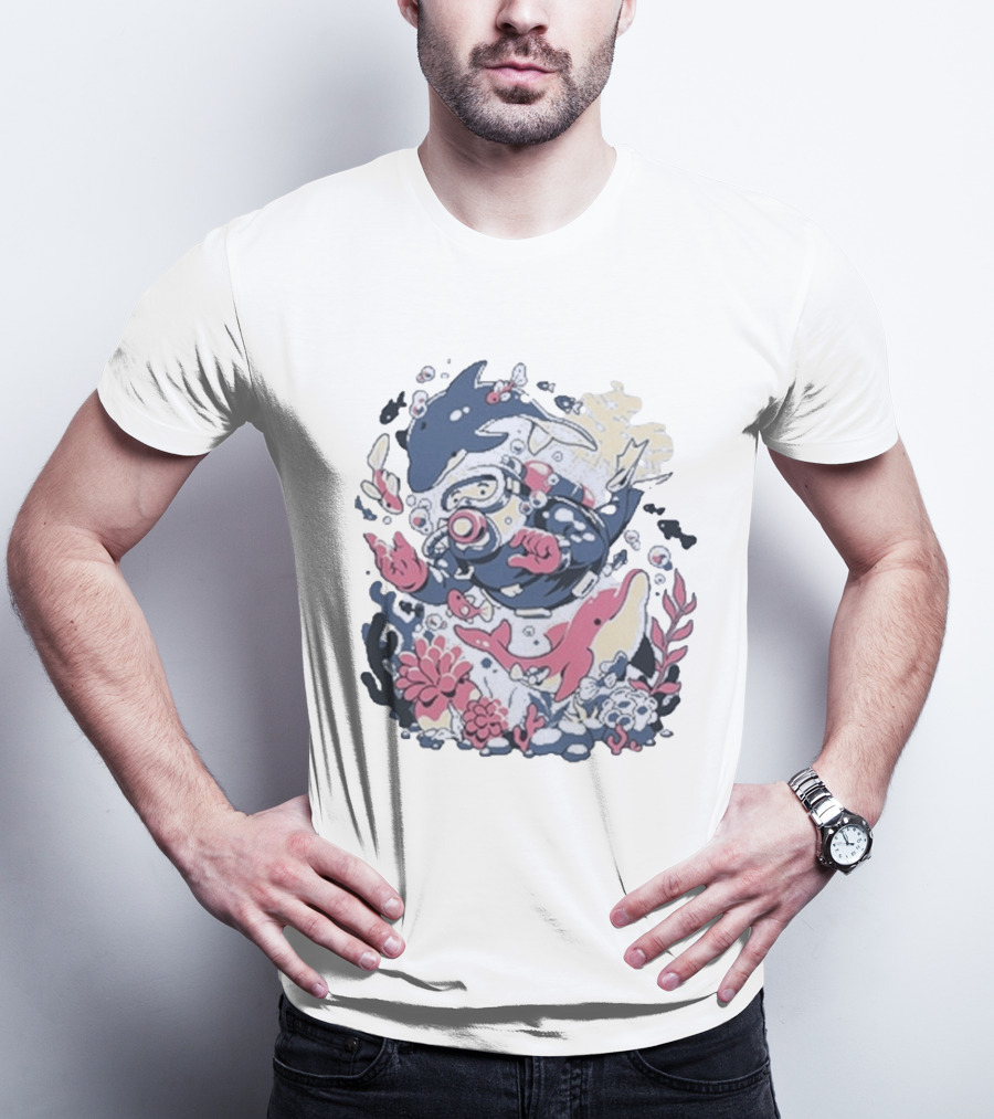 Fangamer Dolphins Dive Underwater Adventure With Diver And Marine Life T-Shirt