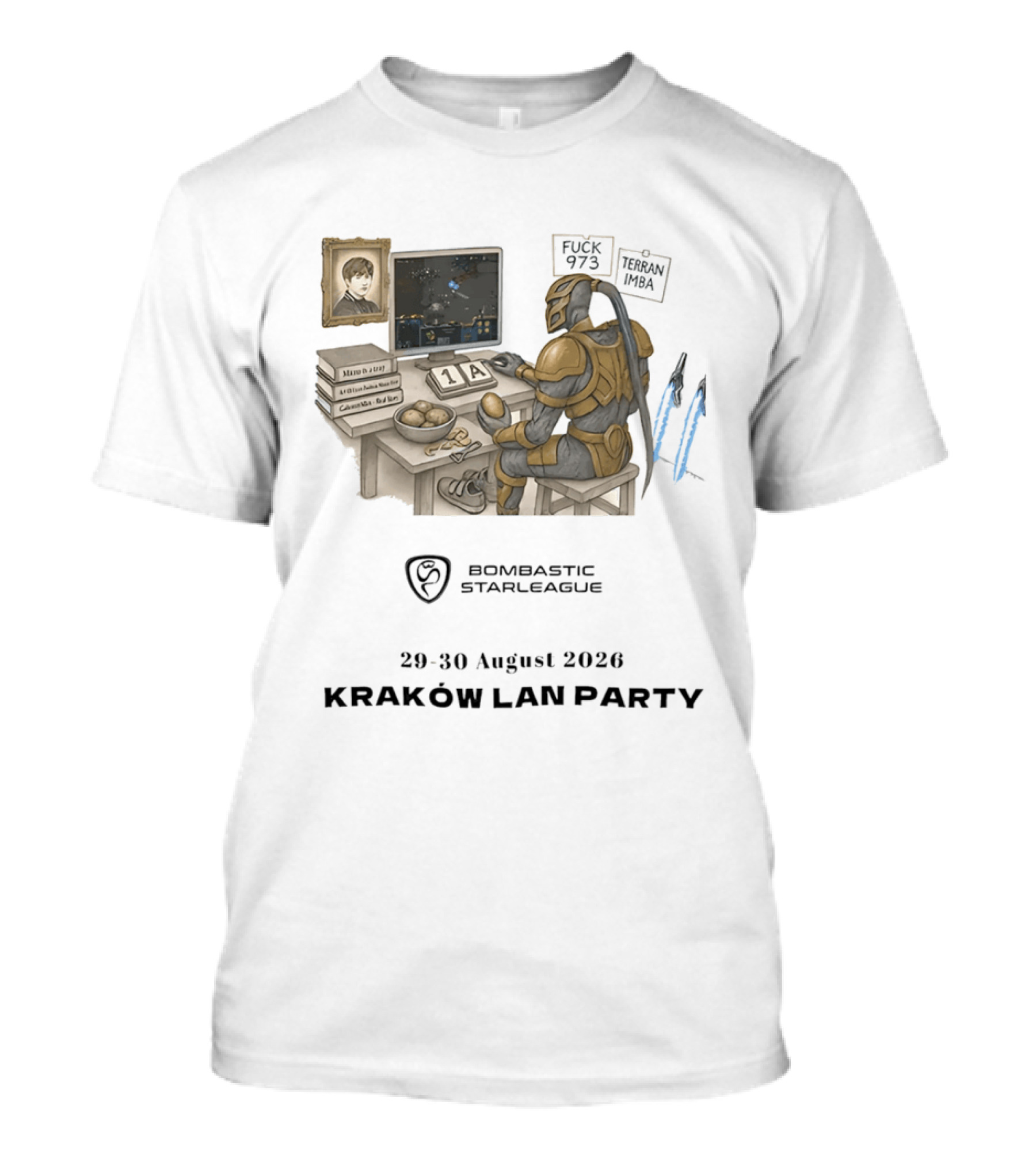 Bombastic StarLeague LAN Party Kraków August 2026 Terran Imba Micro Trap Nexus Gatewayman T-Shirt