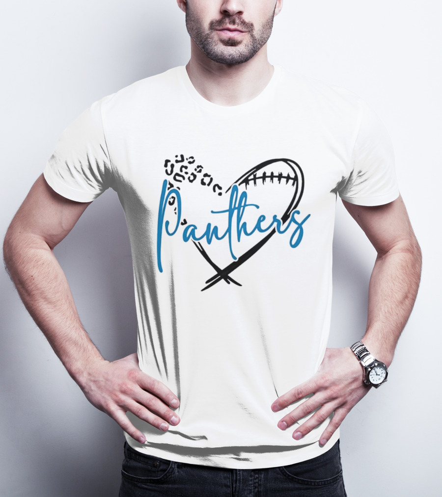 Panthers Heart Leopard Spots Football Laces Cursive Line T-Shirt