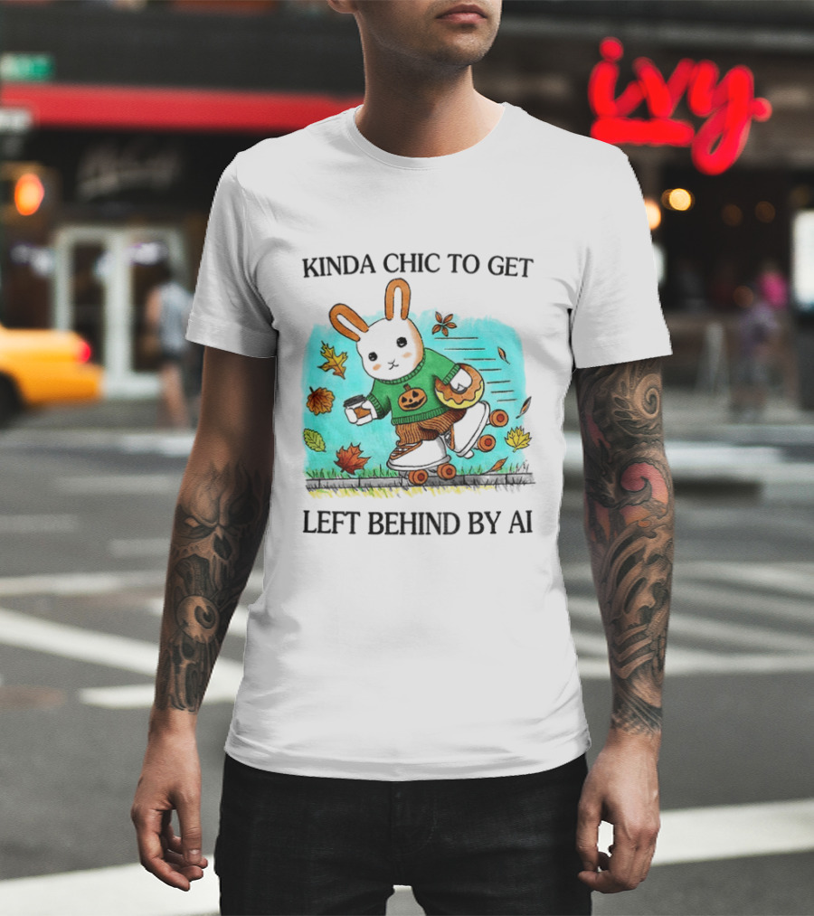 Kinda Chic Rabbit Roller Skating With Pumpkin Happy Fall Leaves Left Behind By AI T-Shirt