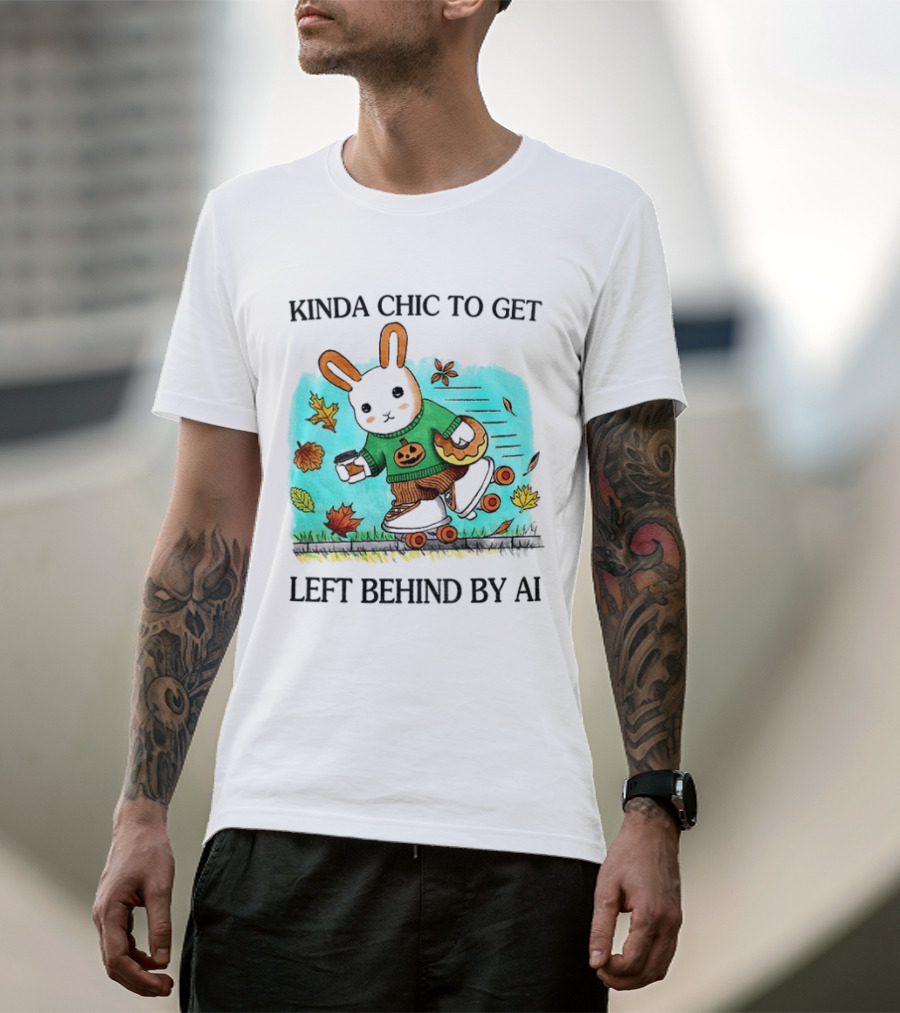 Kinda Chic Rabbit Roller Skating With Pumpkin Happy Fall Leaves Left Behind By AI T-Shirt