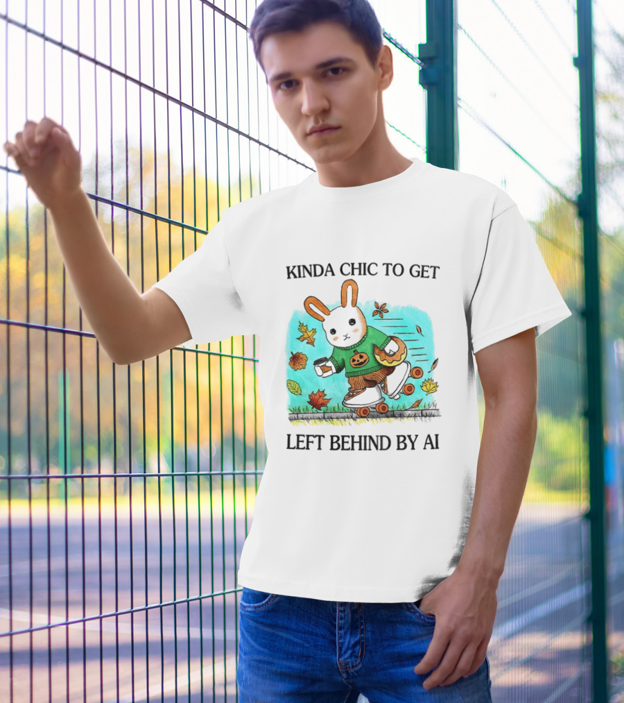 Kinda Chic Rabbit Roller Skating With Pumpkin Happy Fall Leaves Left Behind By AI T-Shirt