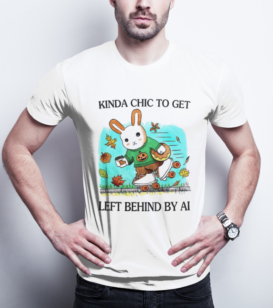 Kinda Chic Rabbit Roller Skating With Pumpkin Happy Fall Leaves Left Behind By AI T-Shirt