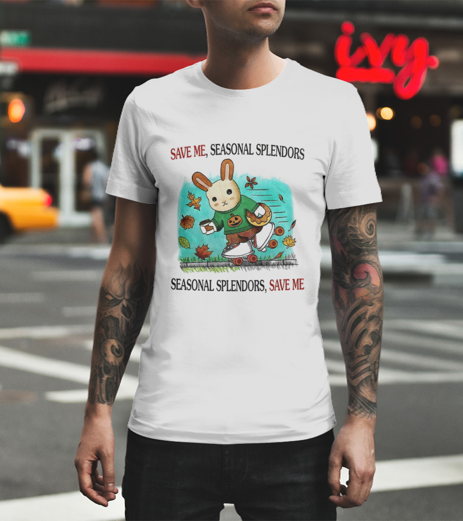 Skater Rabbit With Coffee And Donut Save Me Seasonal Splendors Leaves T-Shirt