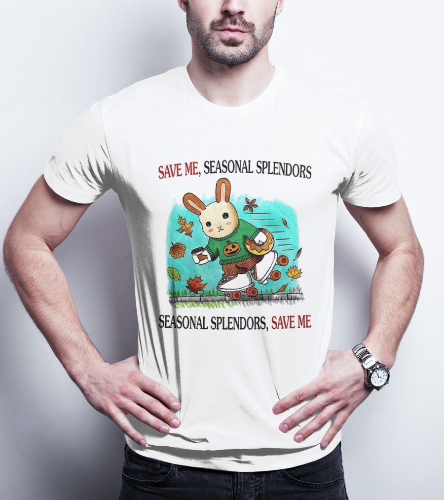 Skater Rabbit With Coffee And Donut Save Me Seasonal Splendors Leaves T-Shirt